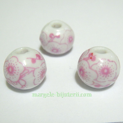 Margele-bijuterii.com - Margele portelan albe cu flori pictate roz, 12mm